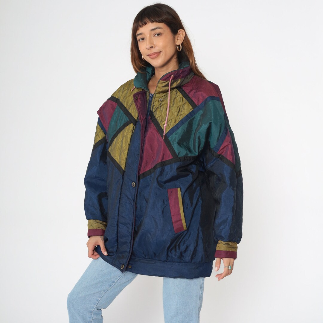90s Puffer Jacket Navy Blue Color Block Ski Jacket Winter Coat 80s ...