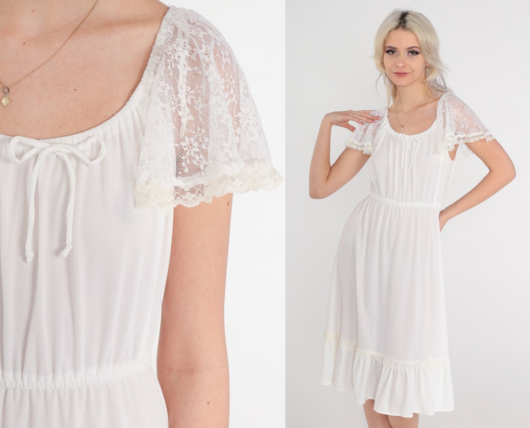 White Peasant Dress 70s Lace Flutter Sleeve Dress Midi Tiered Prairie ...