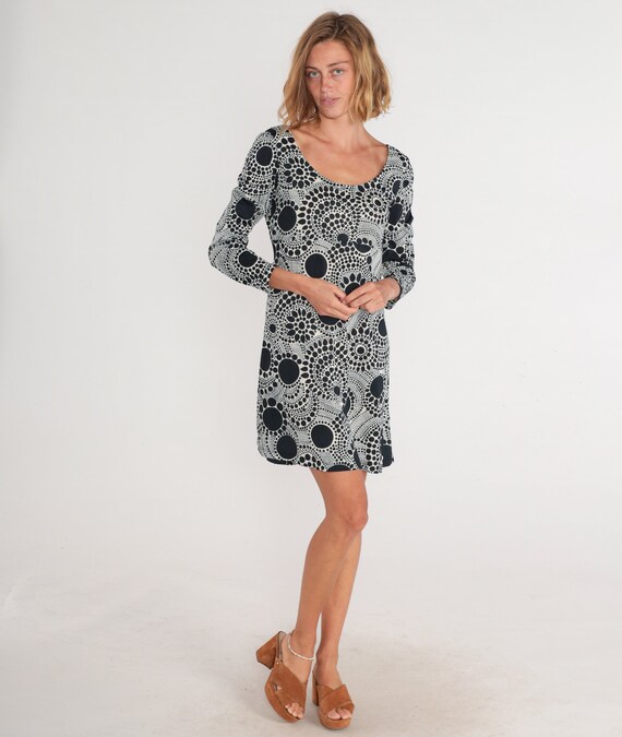 70s Mod Dress Black White Mini Dress Long Sleeve Scoo… - Gem