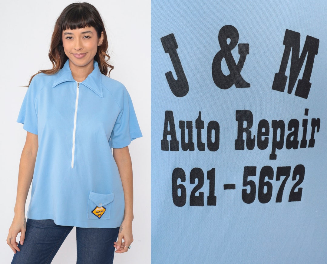 70s Uniform Shirt J&M Auto Repair Shirt Baby Blue Mechanic Shirt Raglan ...