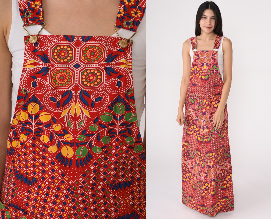 Psychedelic Overall Dress 70s Jumper Dress Red Pinafore Dress Bib Maxi ...