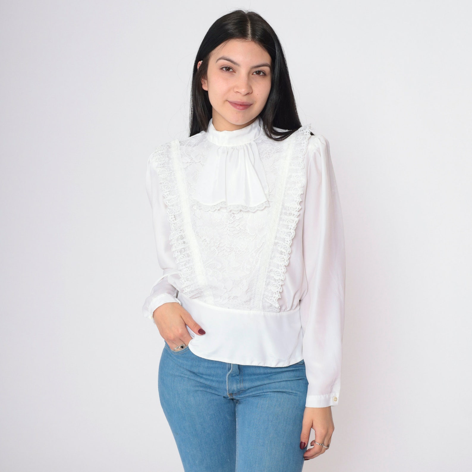White Tuxedo Blouse 80s Jabot Blouse Boho Ruffled Lace Top Button Back ...