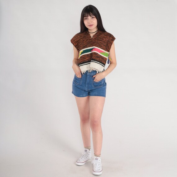 Woven Poncho 80s Open Side Fringe Shawl Brown Southwe… - Gem