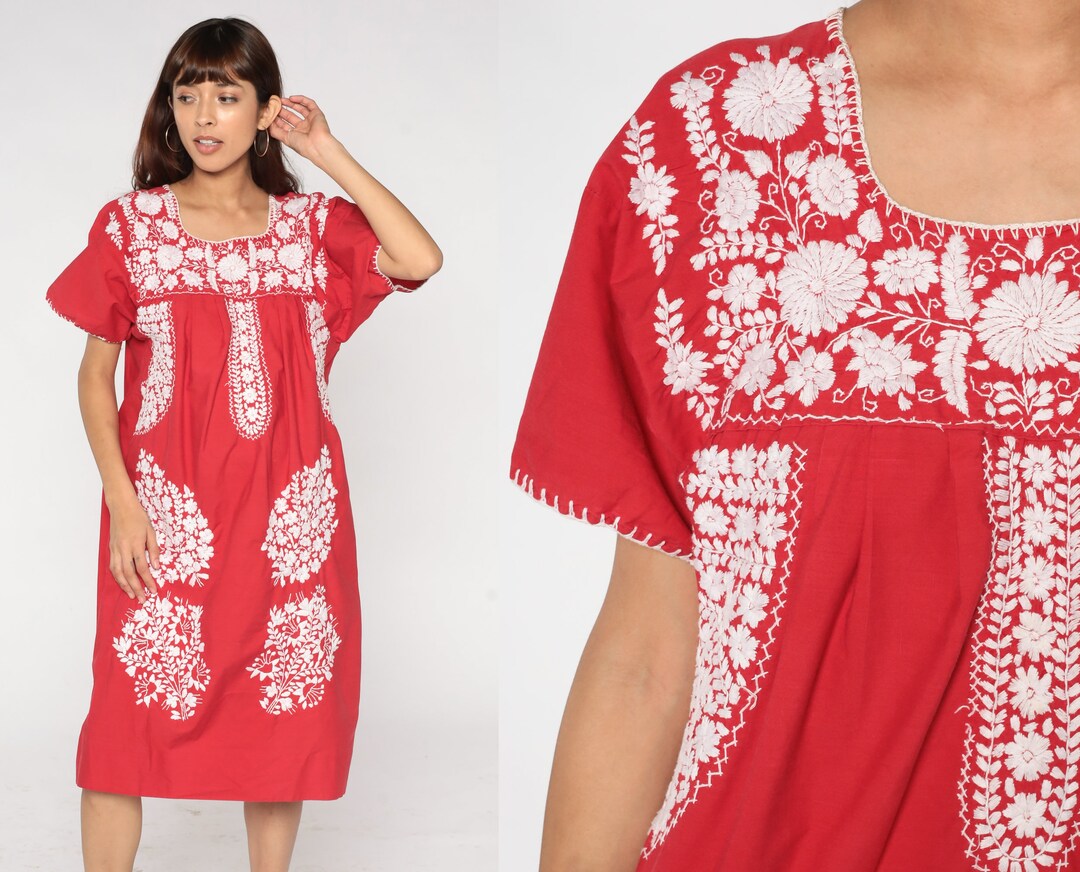 Red Floral Dress 90s Mexican Embroidered Knee Length Flower Hippie Day ...
