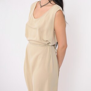 Y2K Beige Striped Maxi Dress Straight Cut Braided Belt Sleeveless Scoop ...