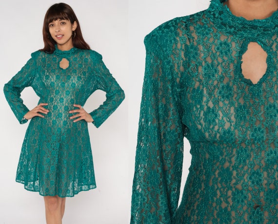 Green Lace Dress 90s Sheer Keyhole Dress Mini Party D… - Gem