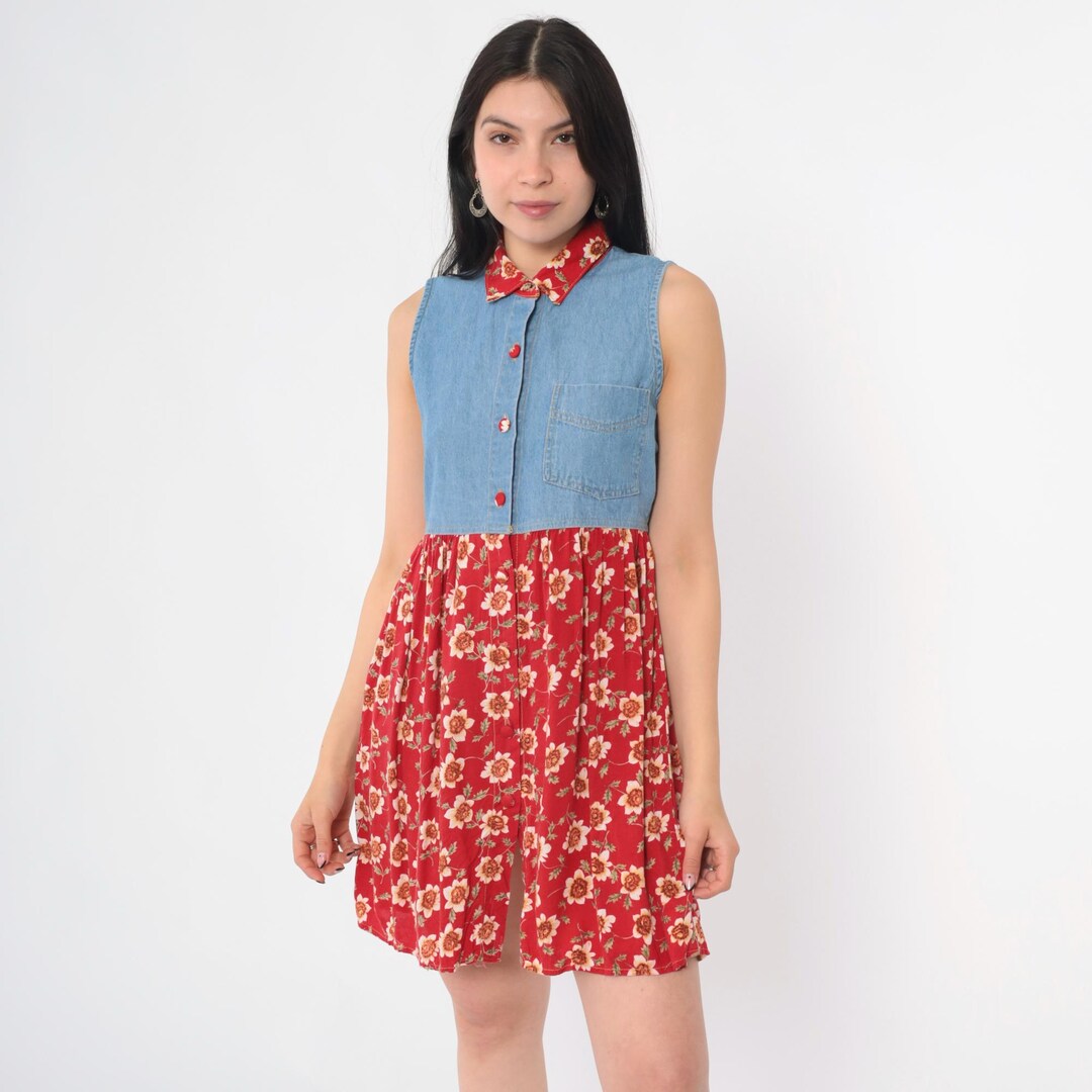 Vintage Floral Denim Dress 90s Red Mini Jean Dress Sleeveless Button up ...