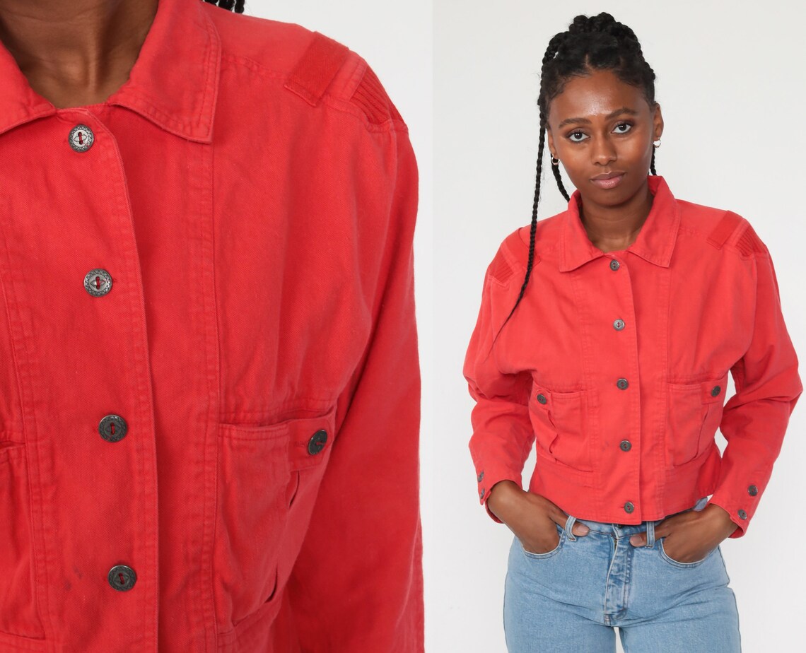 Bright Red Jacket 90s Cropped Jacket Button Up Shirt Cargo | Etsy
