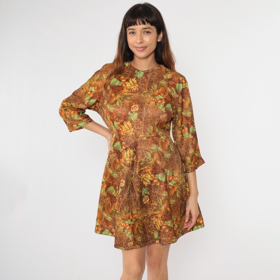 Vintage 70s Mini Dress Squirrel Acorn Print Mod Fall Novelty Print A ...