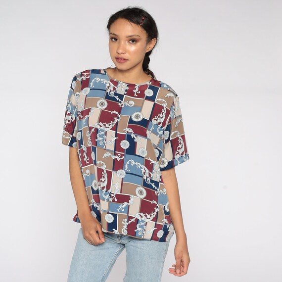 Geometric Blouse 90s Baroque Color Block Print Shirt … - Gem