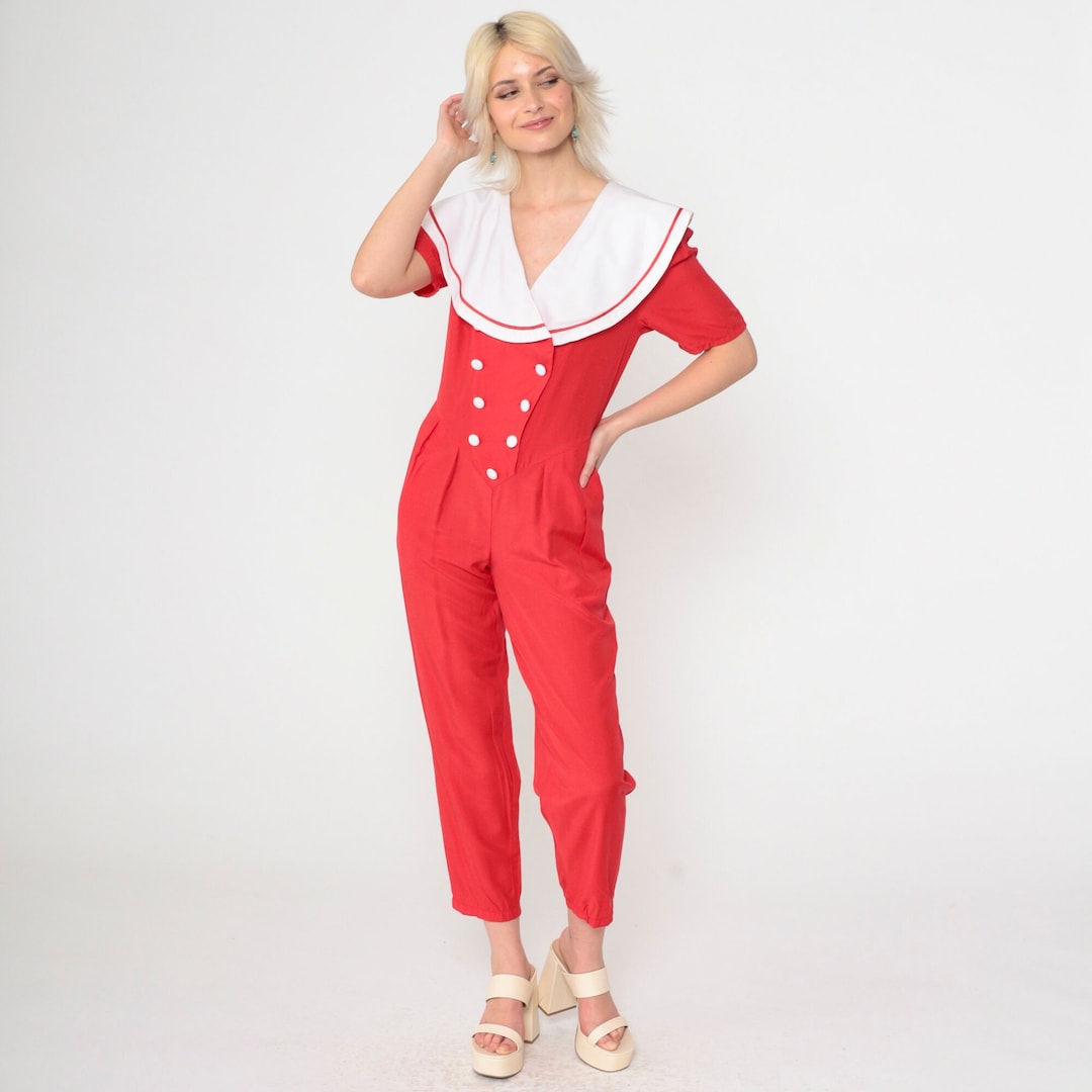 80s Sailor Jumpsuit Red Double Breasted Tapered Pant Button up Basque ...