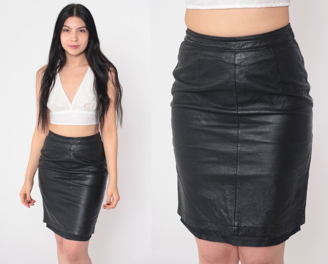 Black Leather Mini Skirt 80s Pencil Skirt Retro Glam Bodycon Wiggle Skirt Party Goth Punk High ...