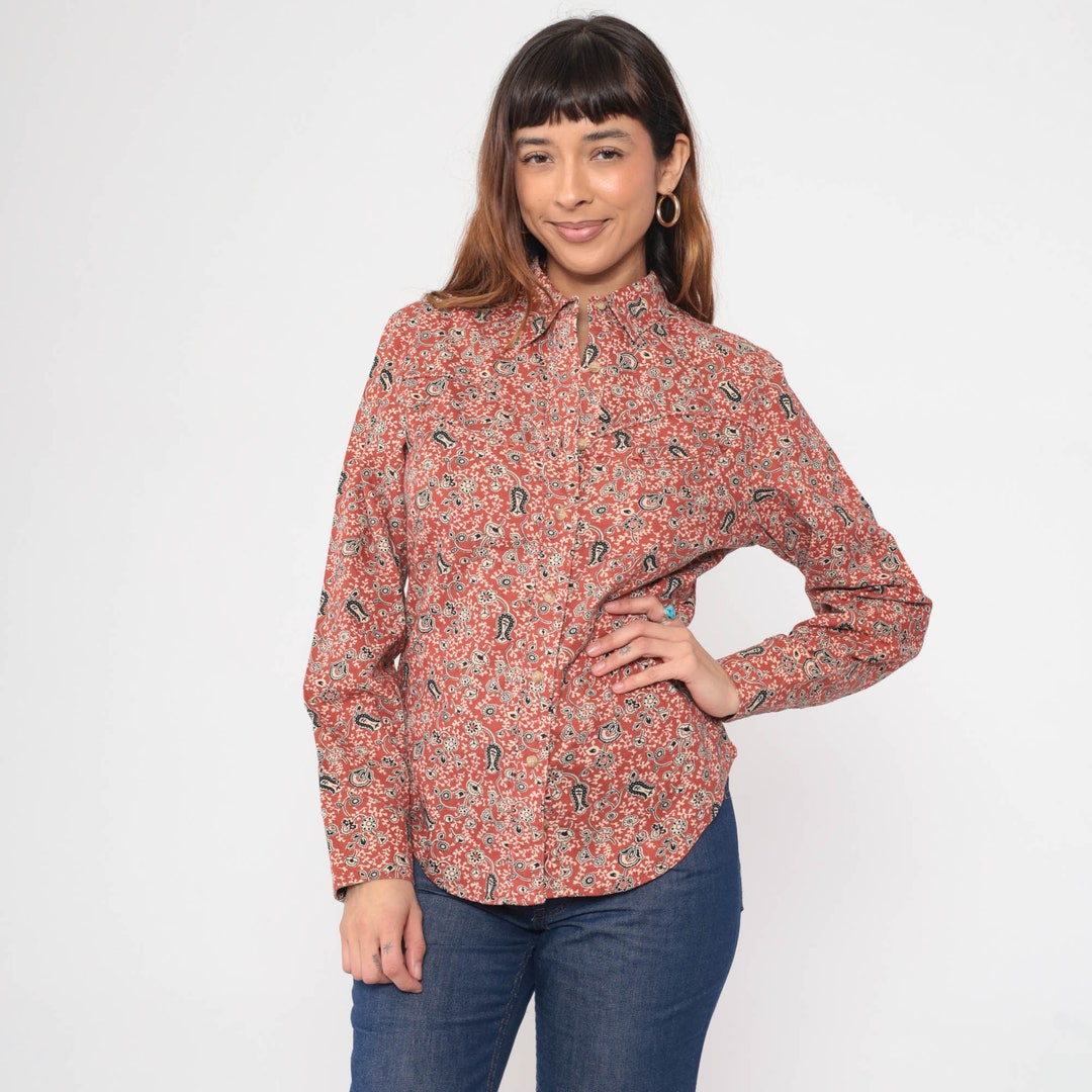 Floral Western Shirt 90s Burnt Orange Smile Pocket Blouse Yoke Flower ...