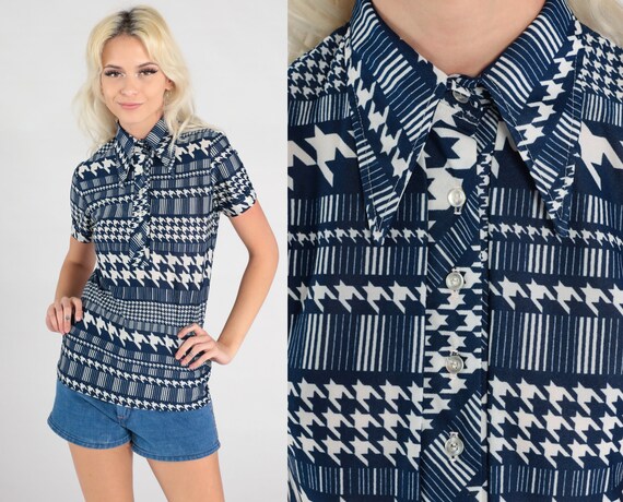 Checkered Polo Shirt 70s Collared Shirt Navy Blue Hou… - Gem