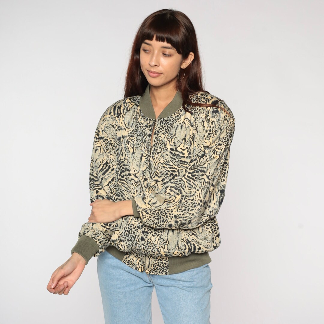 Silk Tiger Jacket 90s Animal Print Windbreaker Zip up Leopard Bomber ...