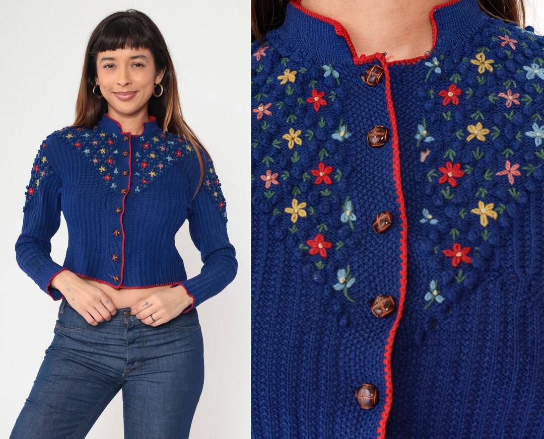 60s Embroidered Cardigan Sweater Dark Blue Floral Sweater Tiny Fit ...