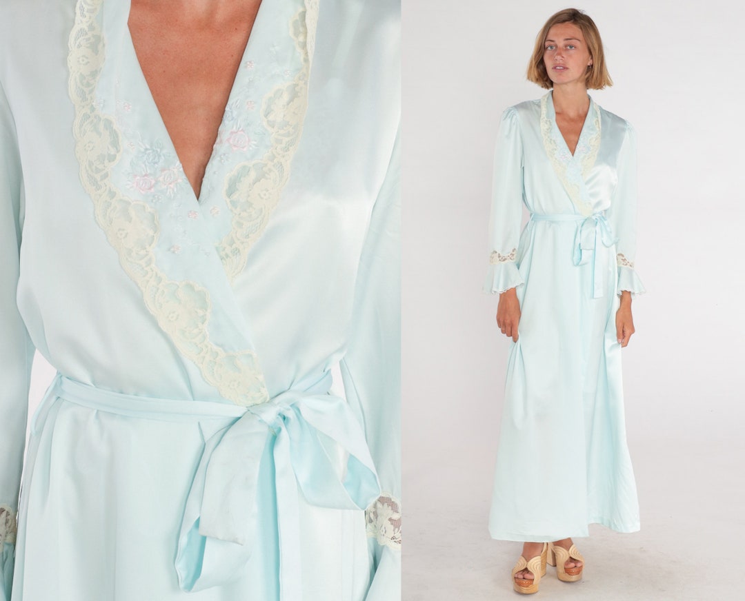 Blue Pajama Robe 70s Lingerie Bed Jacket Lace Floral Embroidered Beaded ...
