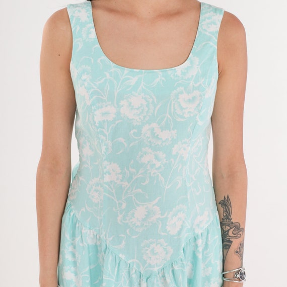Floral Sundress 80s Light Aqua Blue Midi Dress Retro … - Gem