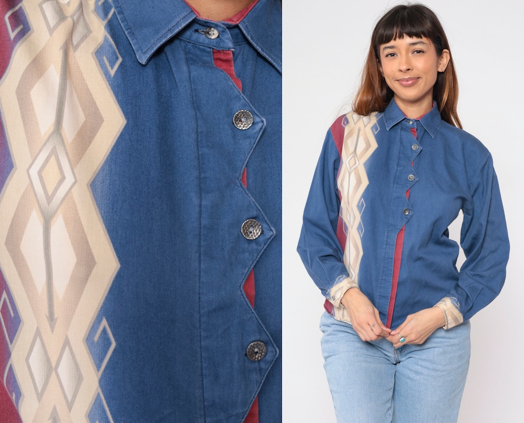 90s Western Shirt Blue Jagged Edge Button up Blouse Striped ...
