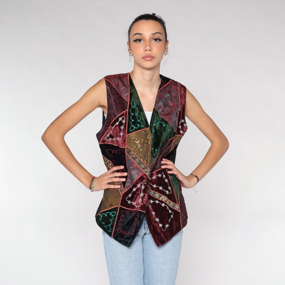 Velvet Patchwork Vest 90s Floral Embroidered Vest Boh… - Gem