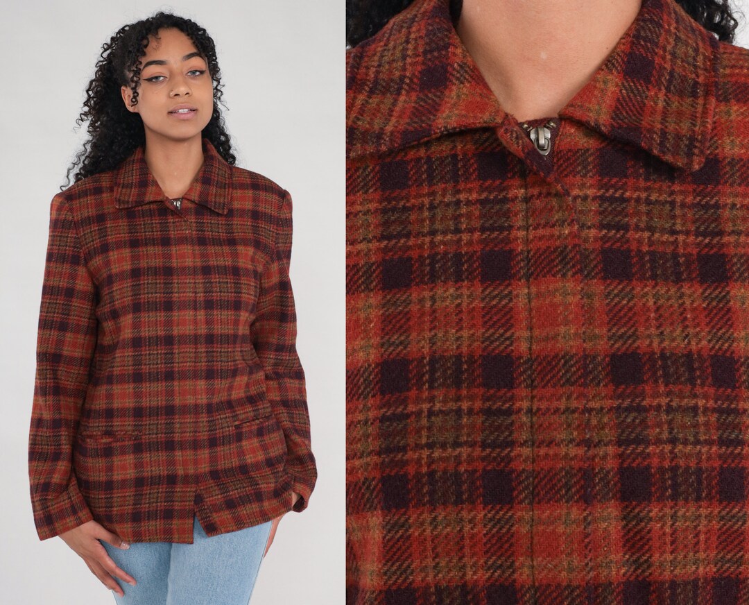 Zip up Wool Jacket 80s Plaid Jacket Burnt Orange Purple Jacket - Etsy