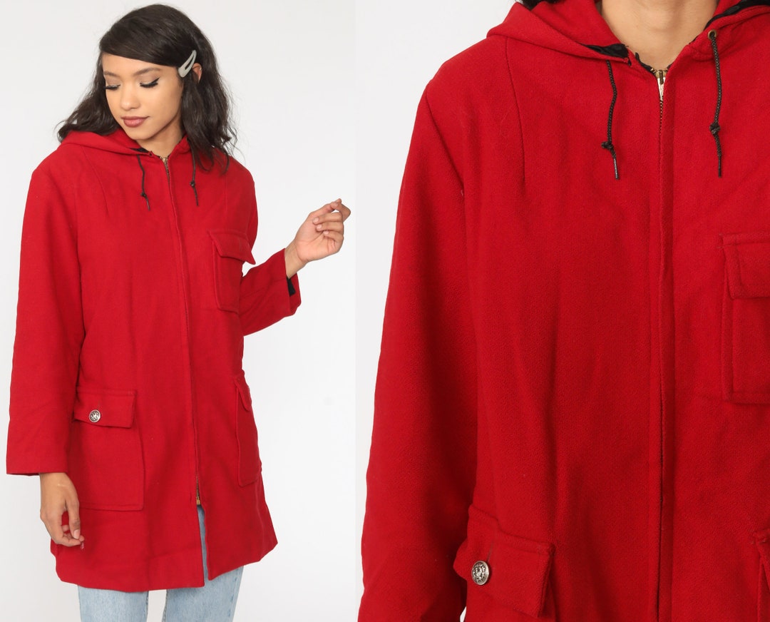 Red Wool Coat 80s HOODED Jacket Zip up Hood Jacket Vintage 1980s Hoodie ...