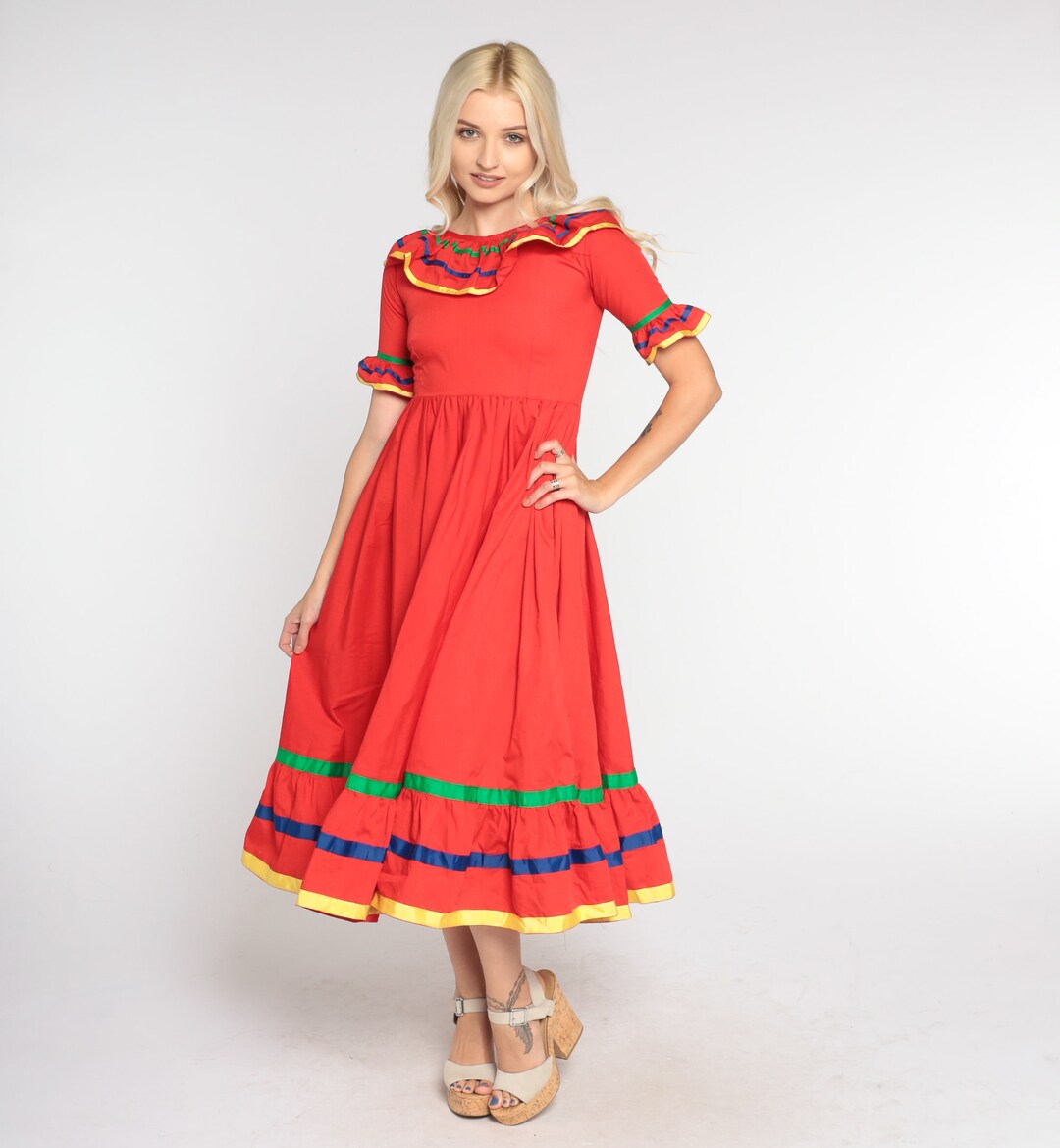 Red Prairie Dress 80s Midi Dress Boho Ruffled Peasant Dress Short ...