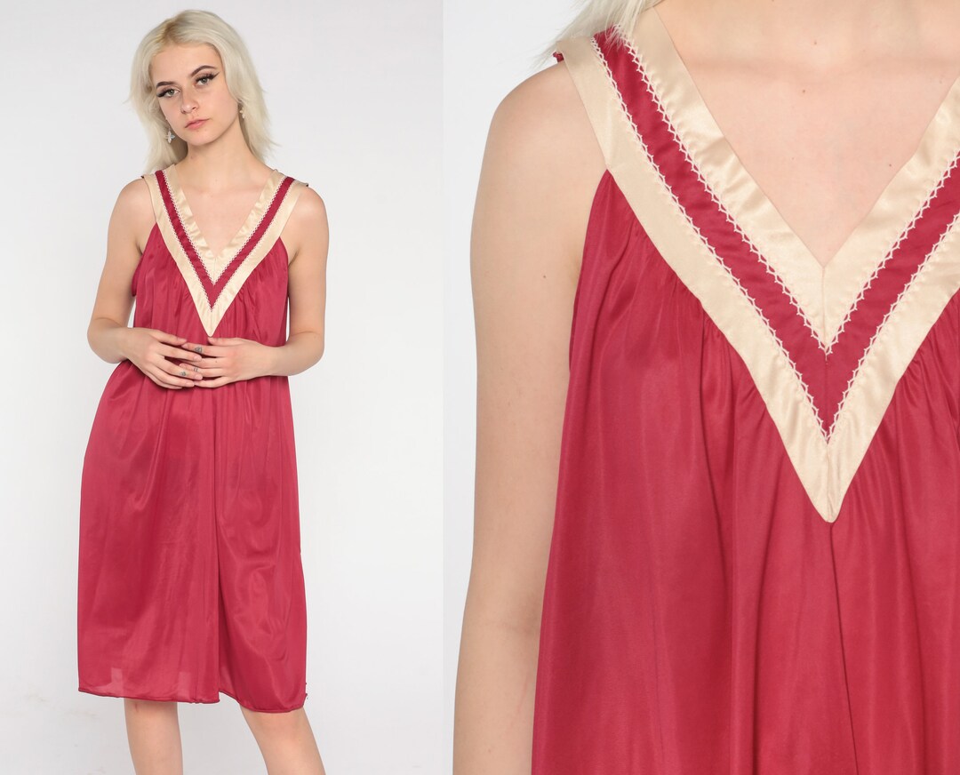 70s Nightie Raspberry Red Mini Slip Dress Sleeveless V Neck Nightgown ...
