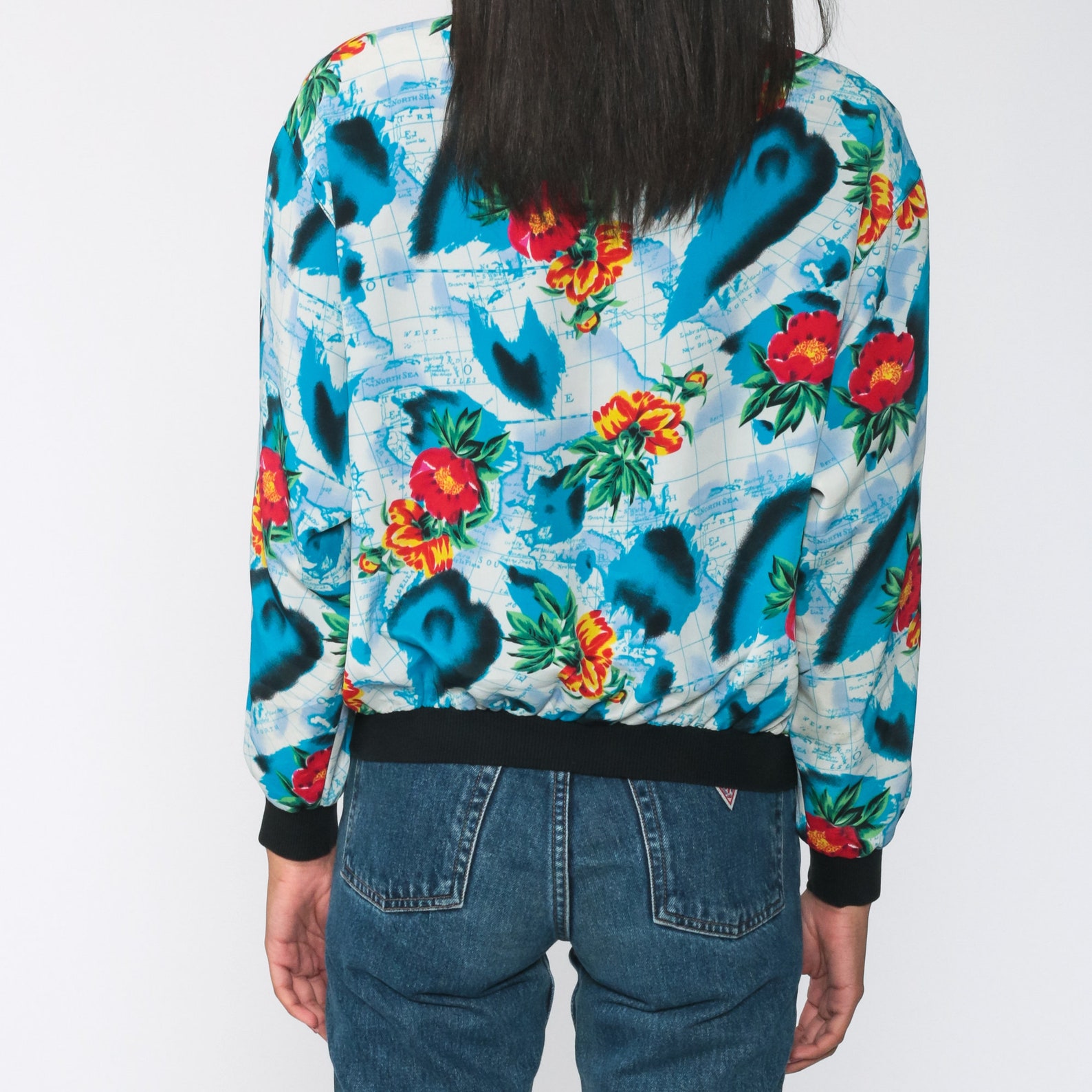 Floral Map Jacket 90s Windbreaker Jacket World Map 80s Retro Bomber ...
