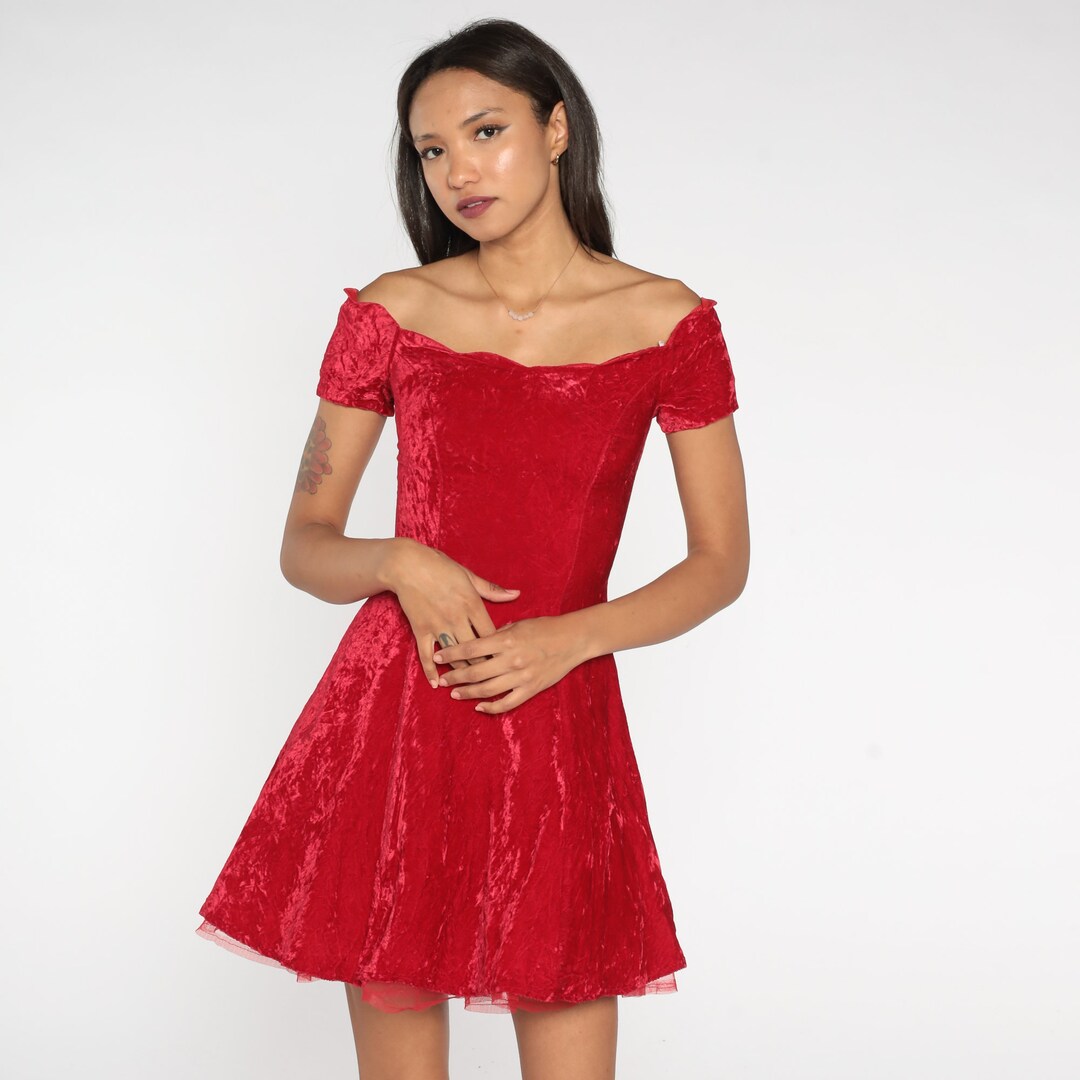 Velvet Mini Dress 80s Party Dress Red off Shoulder Dress Scalloped Fit ...