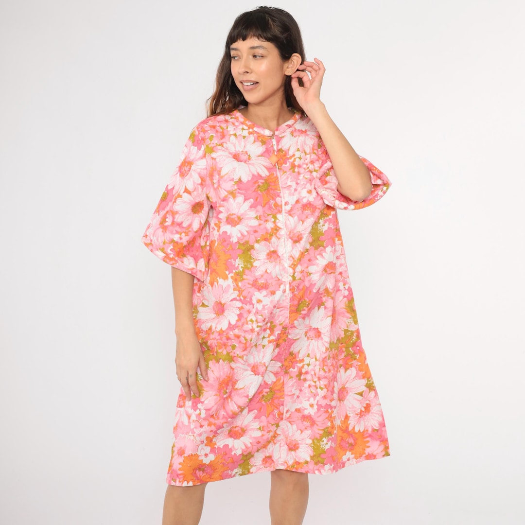 70s Robe Dress Mini Pink Floral Lounge Nightgown Boho Nightie Zip up ...