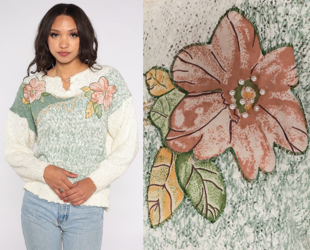 Floral Beaded Sweater 80s 90s Flower Sweater Flecked Off-white Green ...