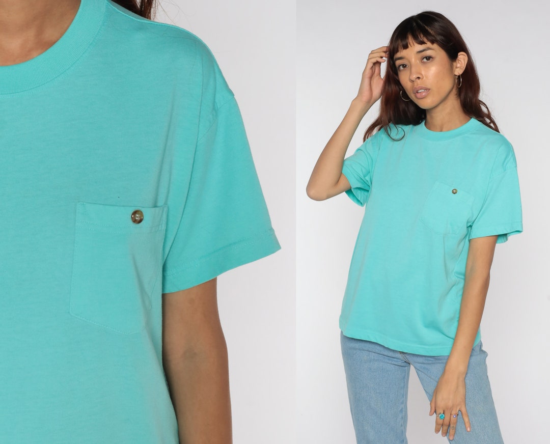Turquoise Blue Pocket Shirt 80s T Shirt Blue Plain Tshirt 90s Vintage ...