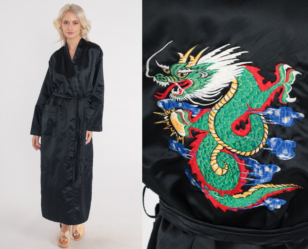 Dragon Robe 90s Black Silk Pajama Robe Asian Inspired Kimono - Etsy