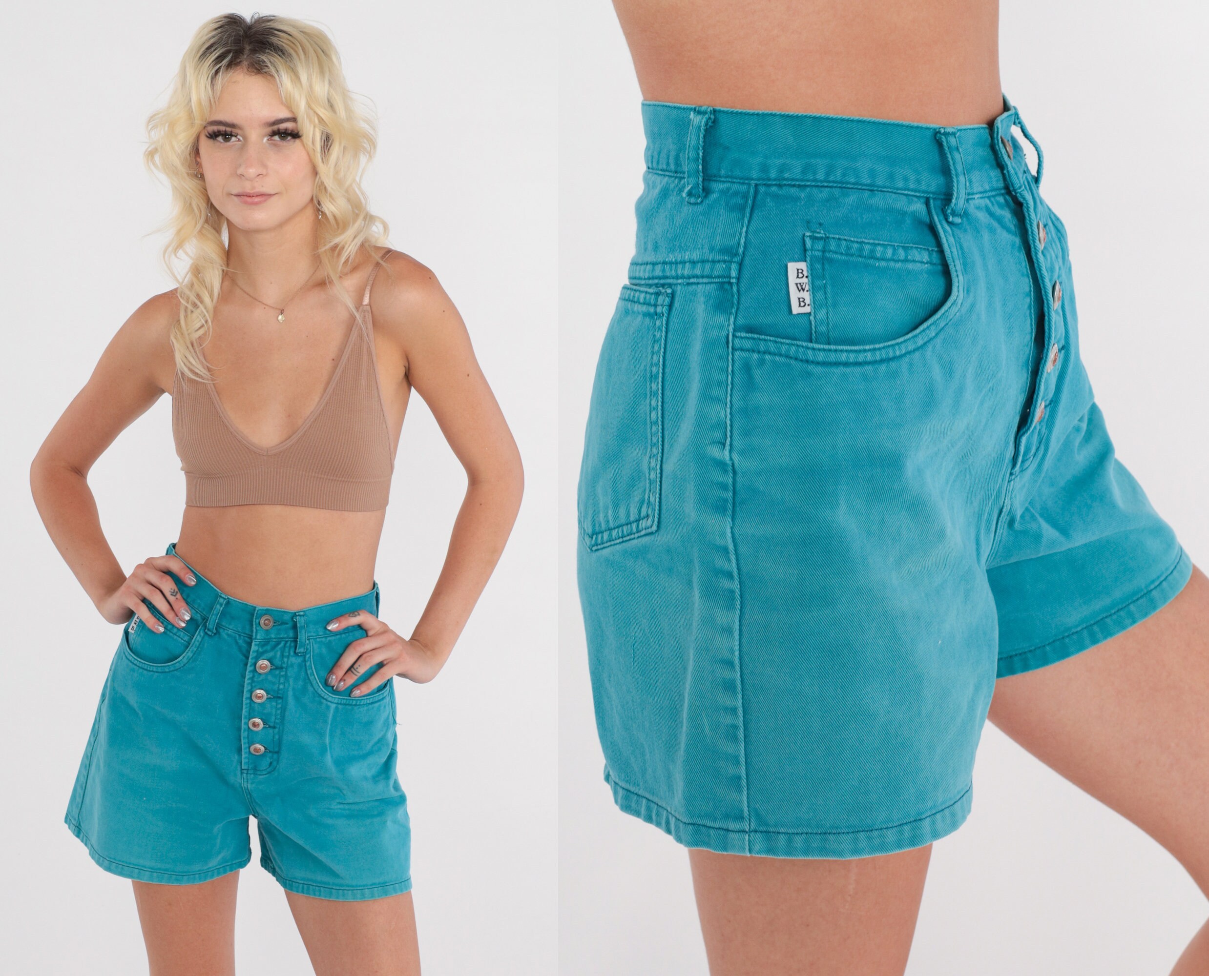 Turquoise Denim Shorts 90s Jean Shorts Exposed Button Fly High Waisted