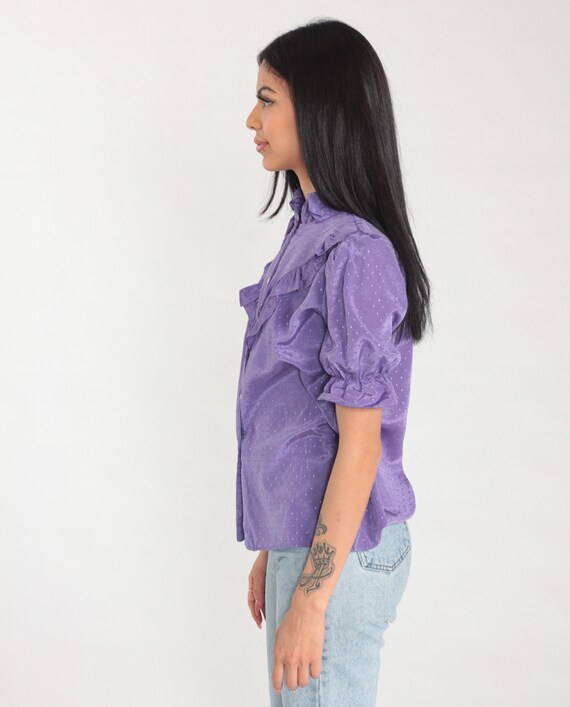 Purple Ruffle Blouse 80s Puff Sleeve Button Up Top Re… - Gem