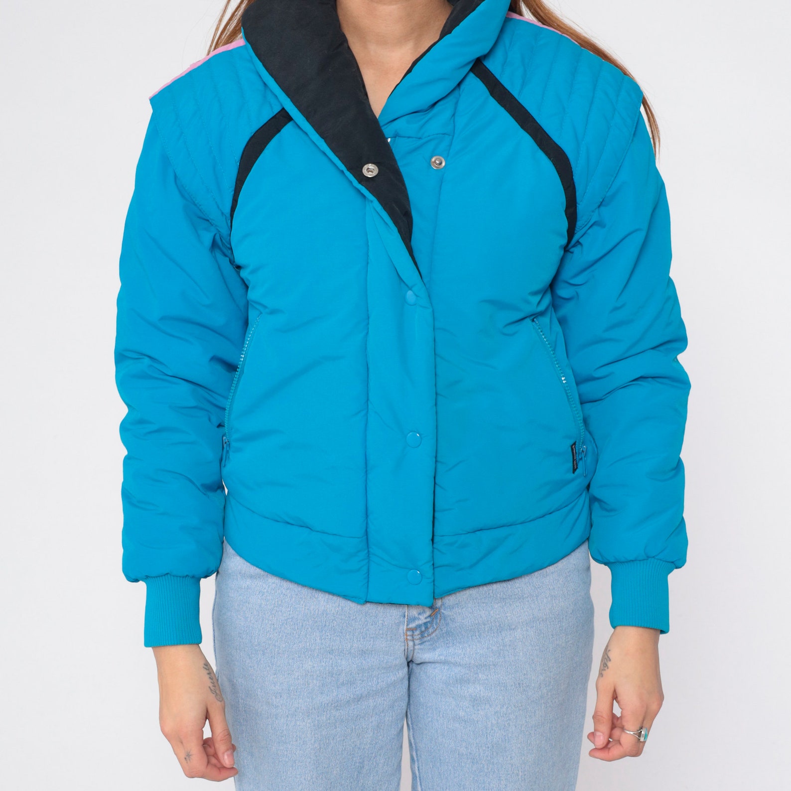 Convertible Puffer Jacket 80s Ski Jacket Bright Blue Retro Zip off ...