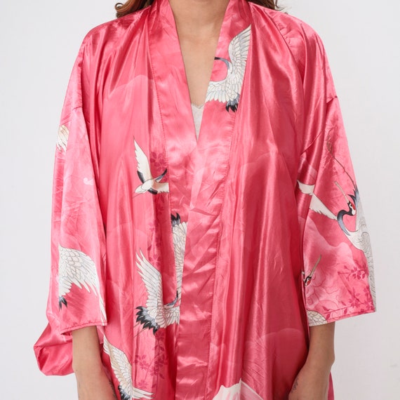 Pink Kimono 90s Long Robe Mountain Crane Bird Open Fr… - Gem