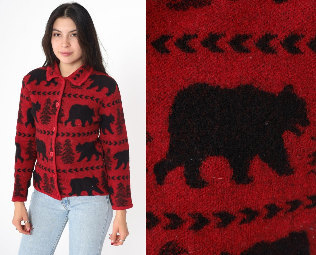 Bear Cardigan Jacket 90s Red Boiled Wool Sweater Wildlife Nordic Tree ...