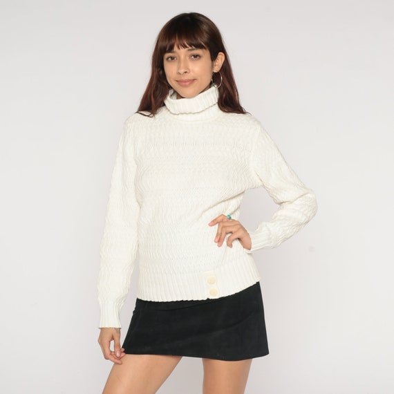 White Turtleneck Sweater 90s Textured Knit Pullover S… - Gem
