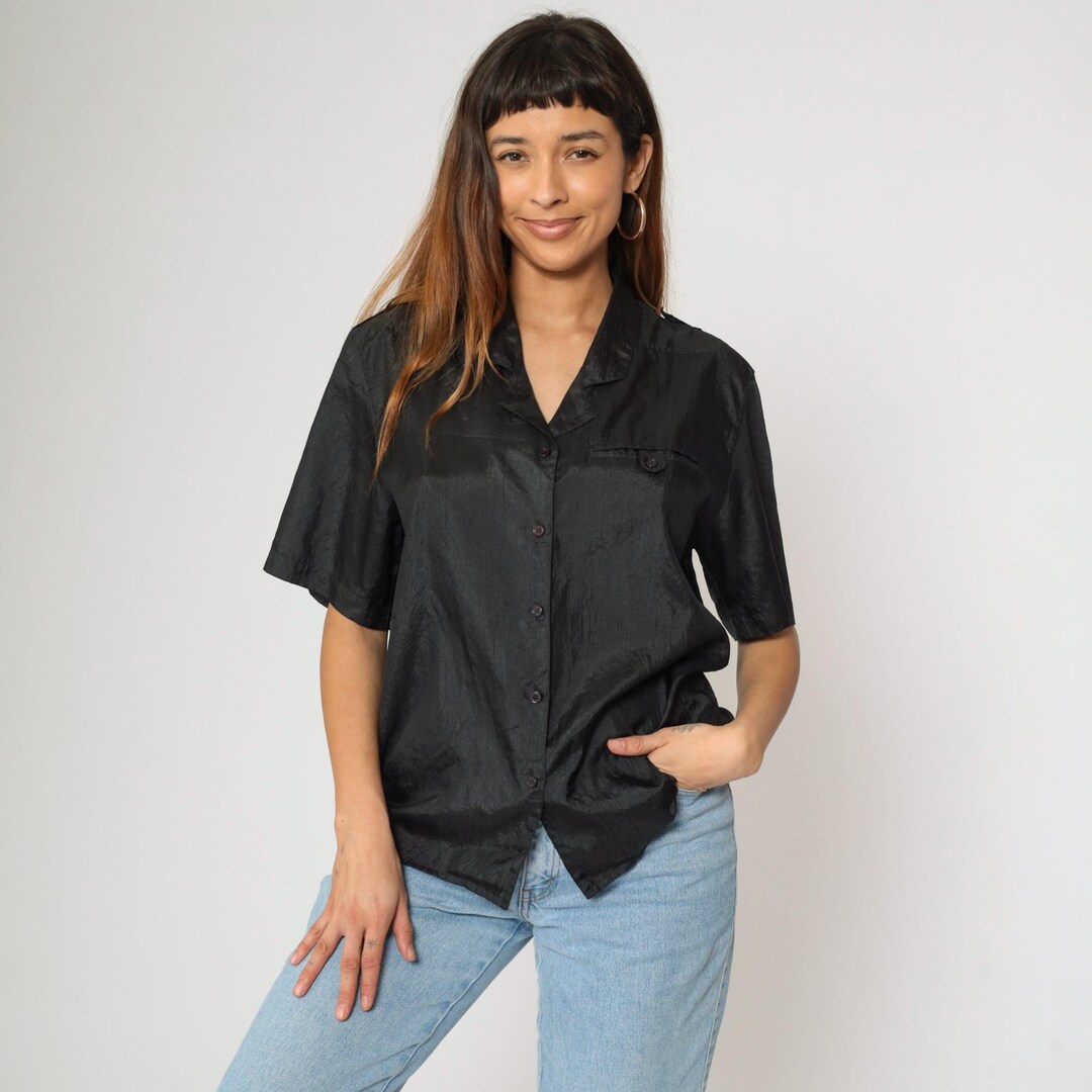 90s Shiny Black Shirt Collared Button up Shirt Short Sleeve Blouse ...