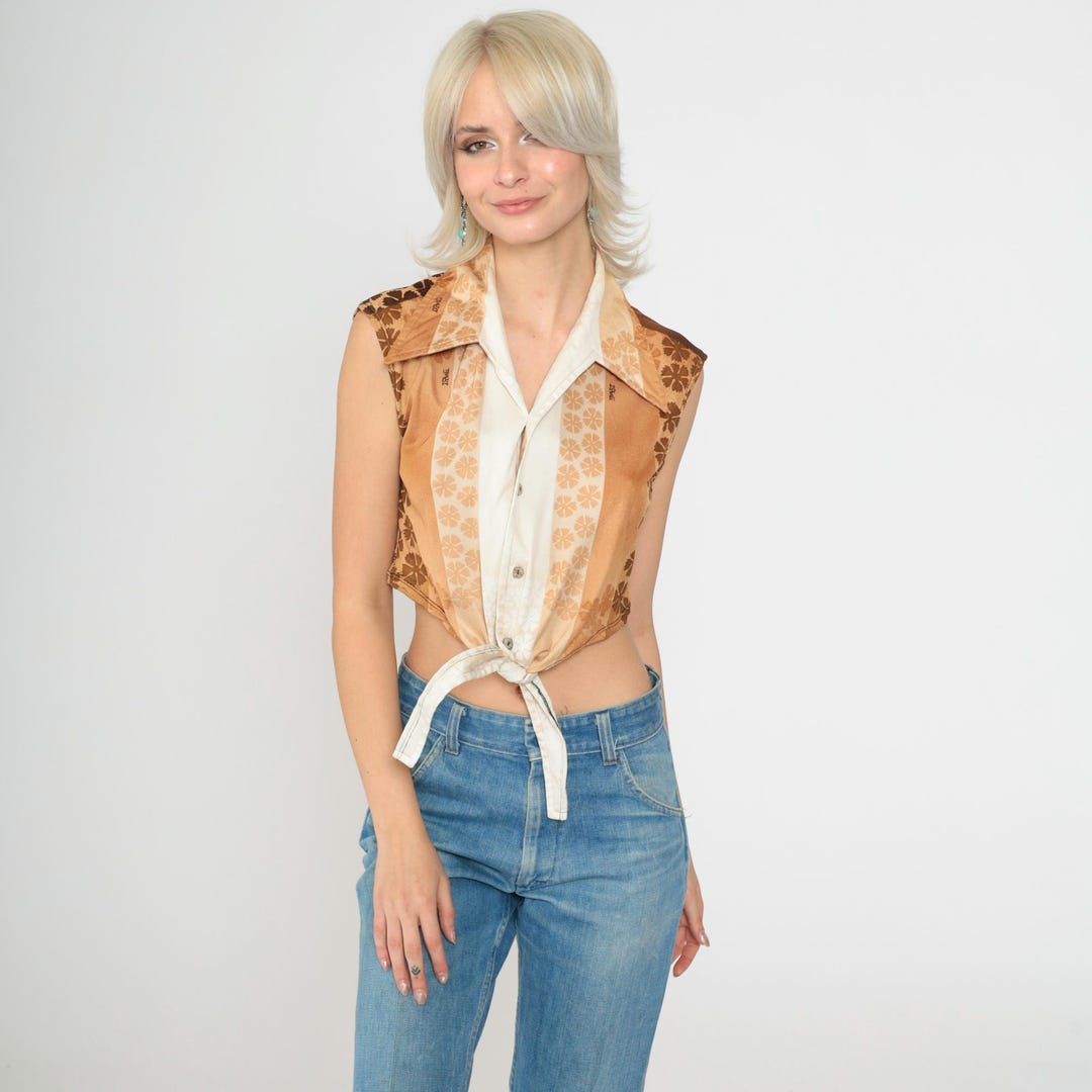 Vintage 70s Cropped Floral Shirt Tie Waist Ombre Color Block Crop Top ...