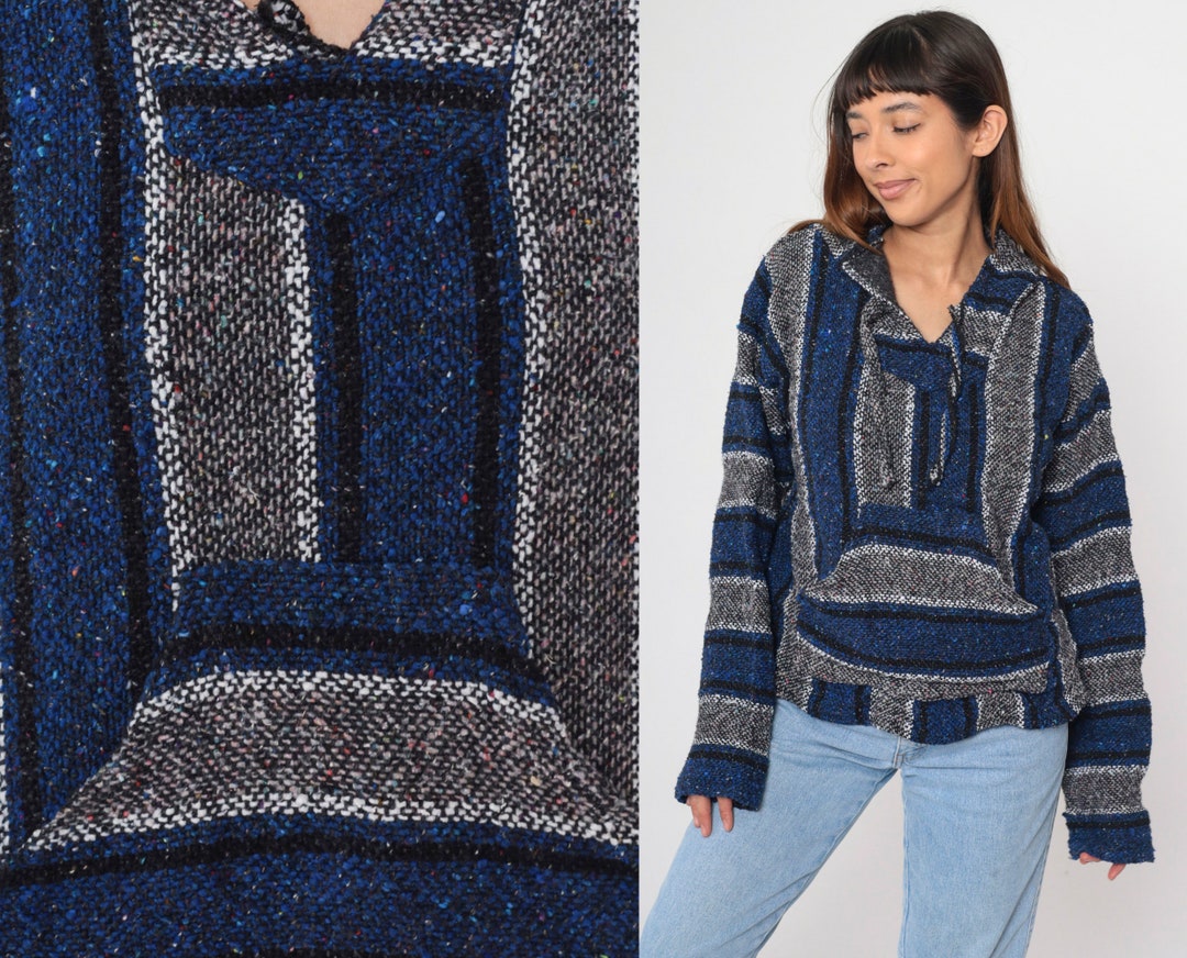 Y2K Striped Drug Rug Sweatshirt Blue Grey Mexican Baja Hoodie Hippie ...