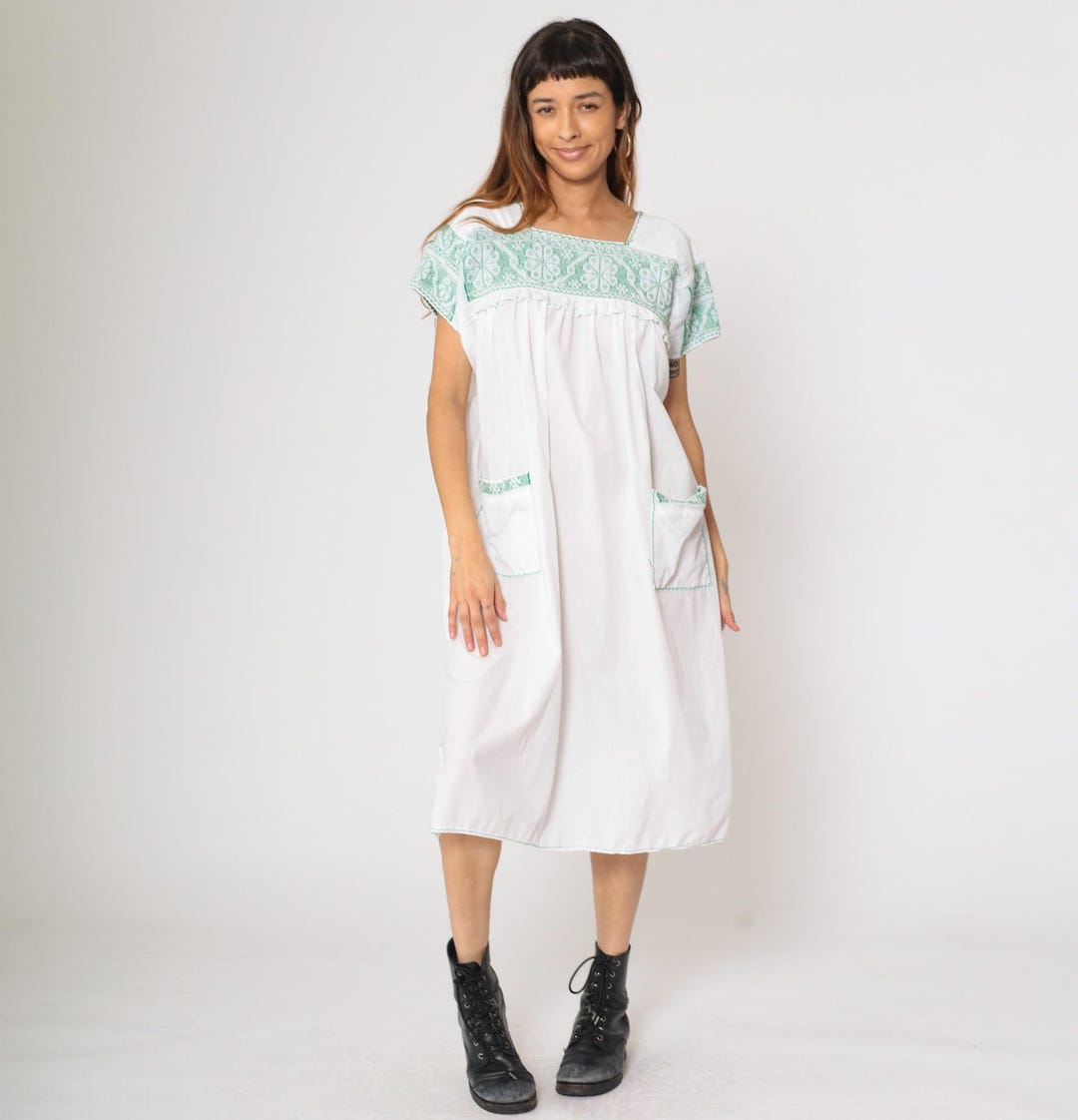 Vintage White Mexican Dress 90s Floral Embroidered Midi Green Flower ...