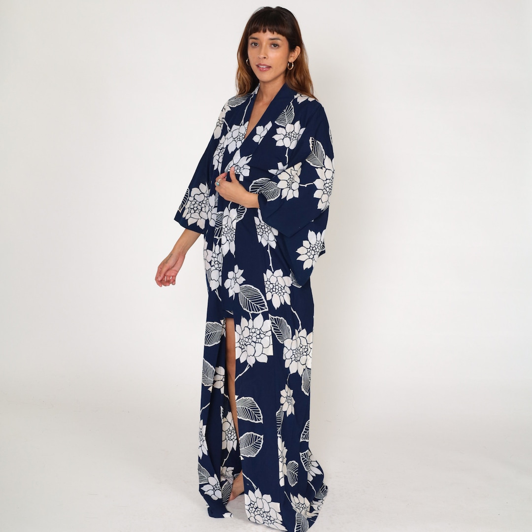 Navy Floral Kimono 80s Long Robe Open Front Maxi Jacket Japanese Full ...