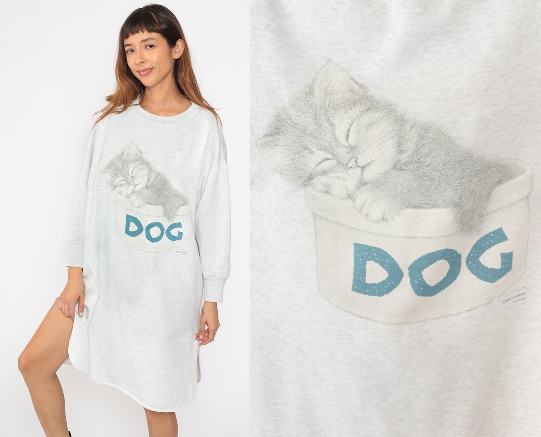 Kitten Pajama Dress 90s Cat Sweatshirt Nightgown Dress Midi Nightie ...