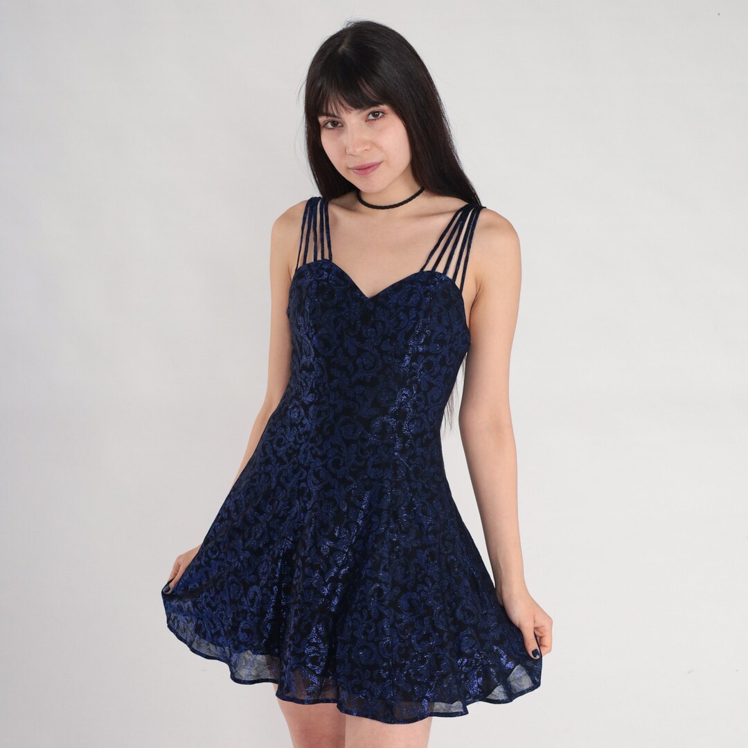 80s Party Dress Metallic Blue Mini Dress Sleeveless Strappy Fit and ...