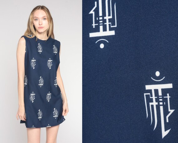 Vintage 70s Shift Dress Mod Mini Dress Navy Blue Abst… - Gem
