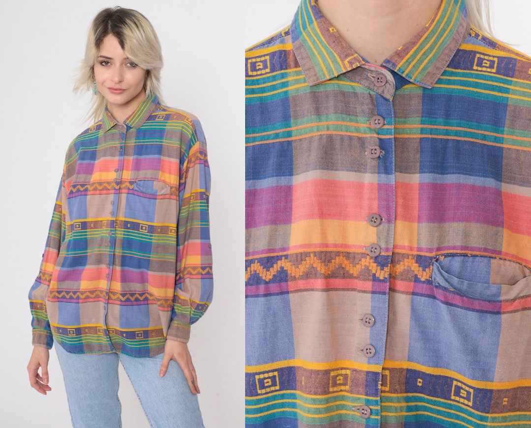 Geometric Checkered Shirt 80s 90s Southwestern Plaid Button up Blouse ...