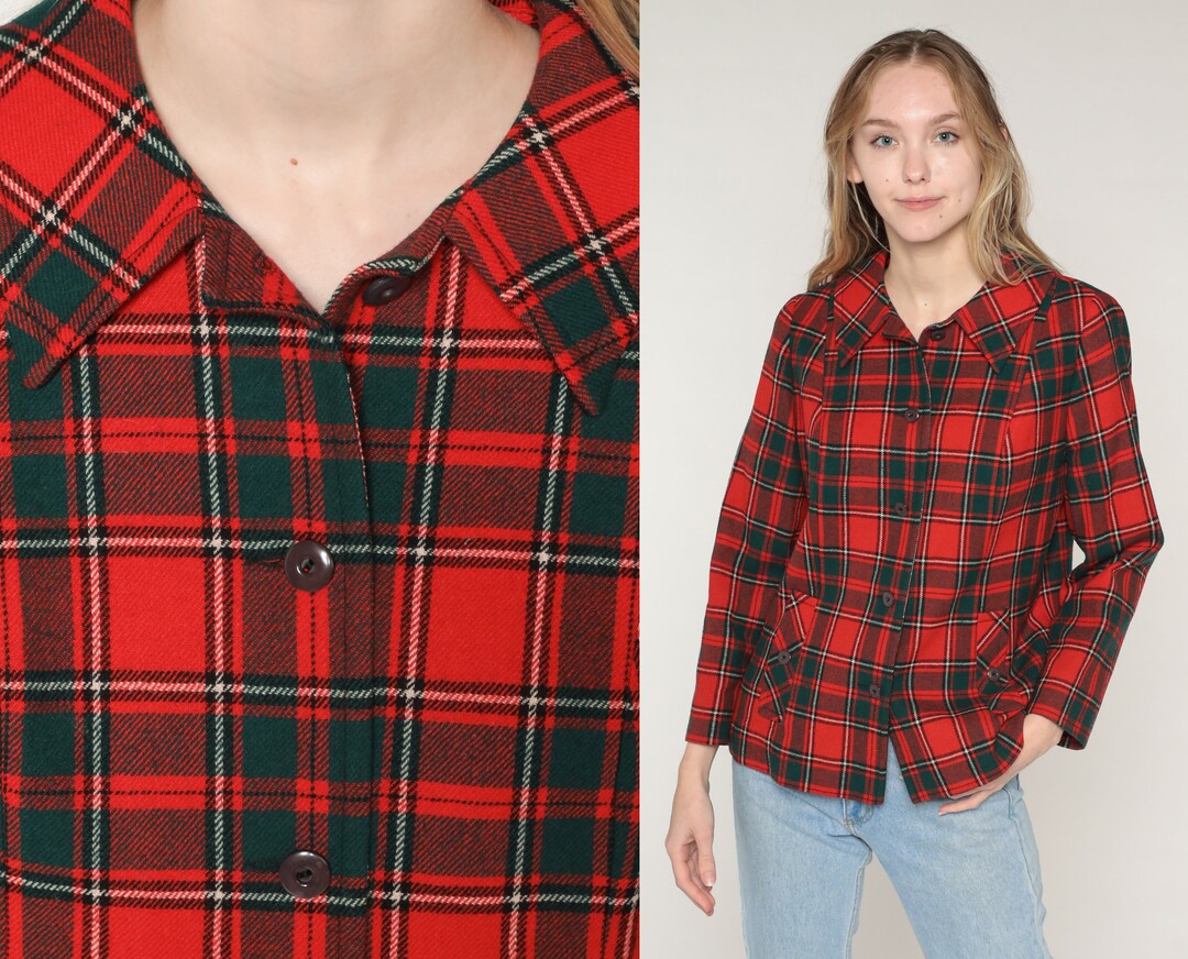 Plaid Pendleton Jacket 70s Red Wool Blazer Jacket Retro Preppy Button ...
